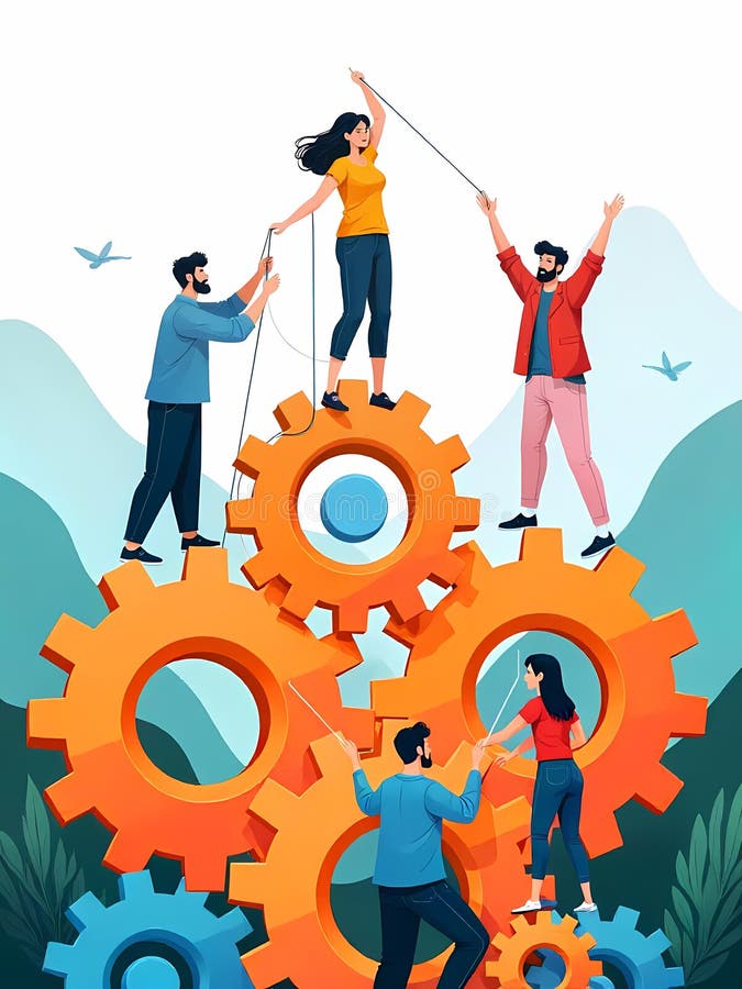 A Group of Diverse Individuals Working Together, on Top of Gears ...