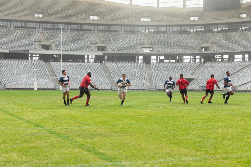 Group of Diverse Male Rugby Players Playing Rugby in Stadium Stock ...