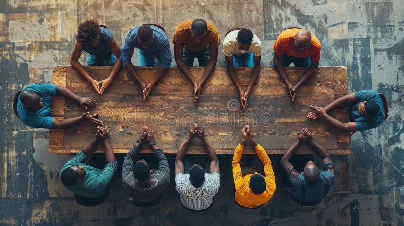 A Group of Diverse Men Sit Around a Wooden Table, All with Their Hands ...
