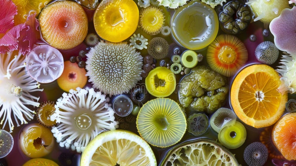 A Group of Diverse Microbes Under a Microscope Surrounded by Pieces of ...