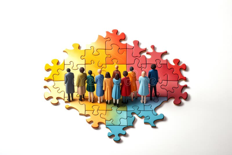 Miniature Figures Standing before a Colorful Jigsaw Puzzle Stock ...