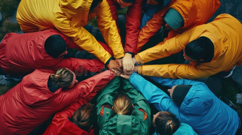 A Group of Diverse People in Colorful Jackets Join Hands Together ...