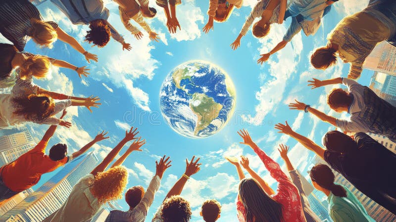 Group of Diverse People Reaching Towards Earth in Unity Stock Photo ...