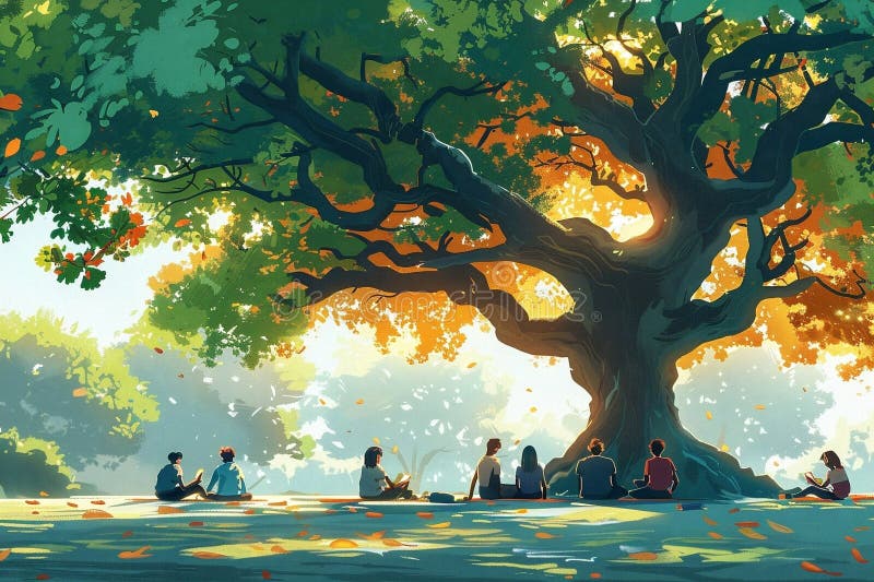 Group of Diverse People Relaxing in the Shade of a Large Tree in a Park ...