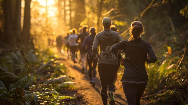 Group of Diverse People Running Together on a Scenic Trail through a ...