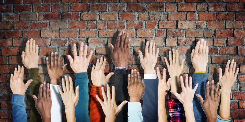 Group of Diverse People S Hands Raised Stock Image - Image of brick ...