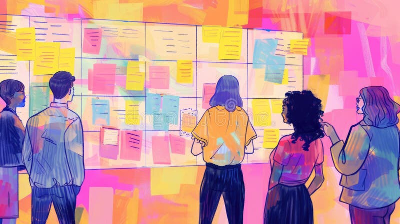 A Group of Diverse People Stand in Front of a Colorful Wall of Sticky ...