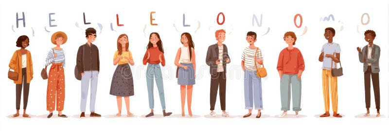 Visual Vocabulary Showcasing Basic Spanish Greetings among Diverse ...