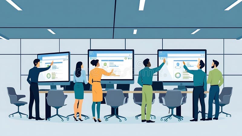 Group of Diverse Professionals Collaborating Around Digital Screens in ...