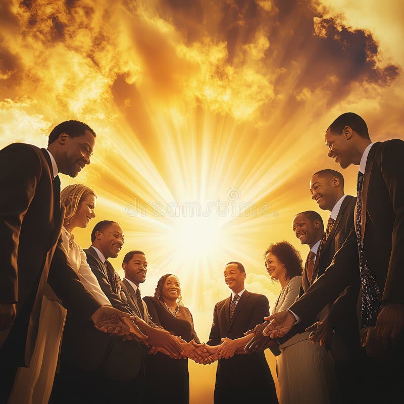 A Diverse Group of Business People Shaking Hands Against a Bright Sky ...