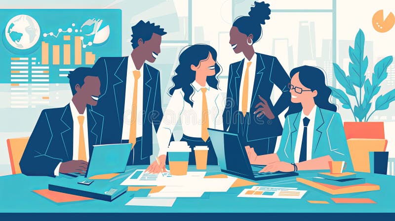 Team Collaboration in Modern Office Setting with Technology and Documents Stock Illustration ...