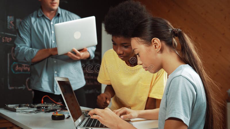 Group of Diverse Smart Student Working Together To Write Program. Edification. Stock Image ...