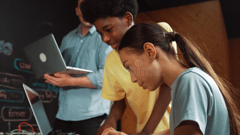 Group of Diverse Smart Student Working Together To Write Program. Edification. Stock Photo ...