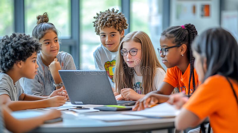 A Group of Diverse Students Collaborating on a Project in a Modern ...