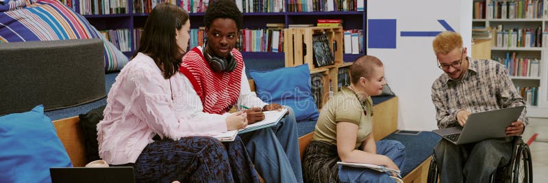 Group of Diverse Students Studying in Library without Devices Stock ...