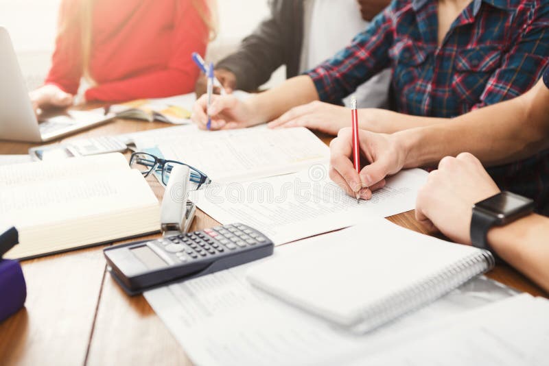 Group of Diverse Students Studying at Wooden Table Stock Image - Image ...