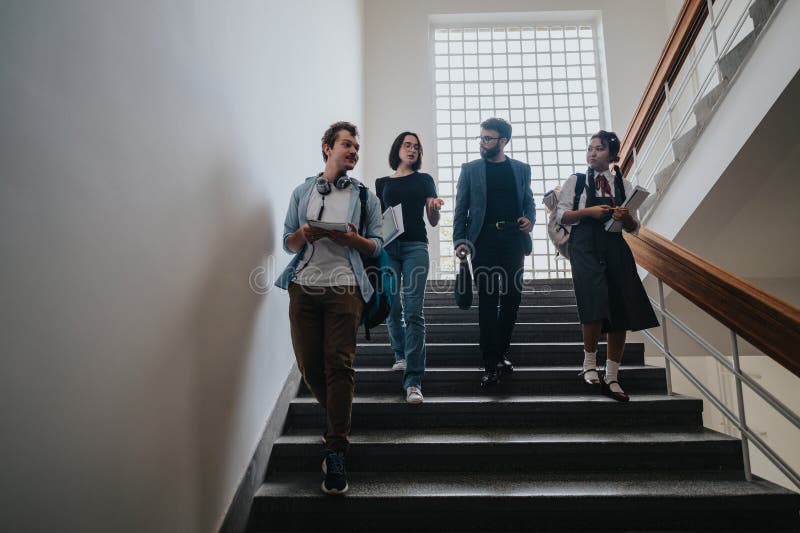 Group of Diverse Students Walking with Professor on Staircase Stock ...