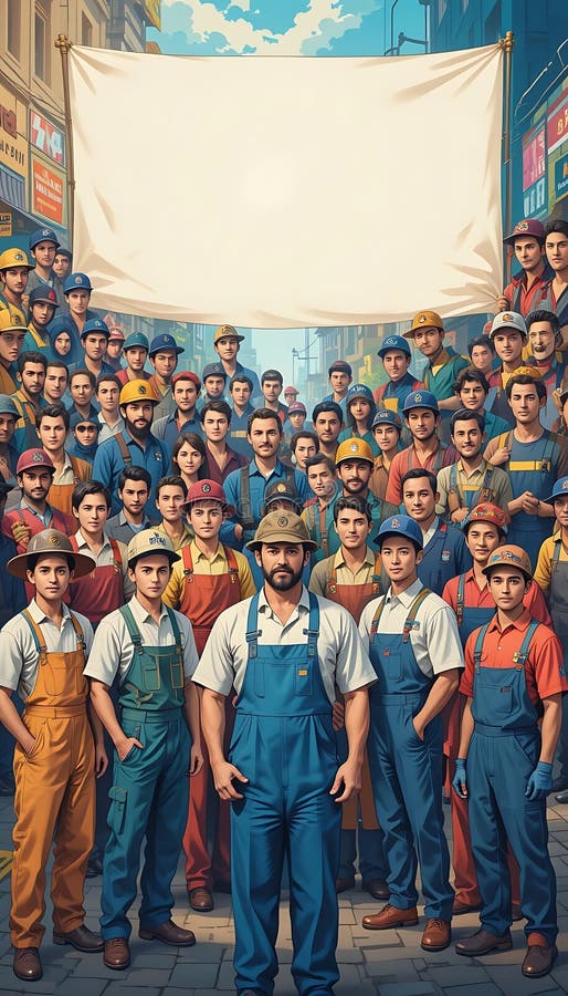 Group of Diverse Workers Marching with Blank Banner in City Street ...