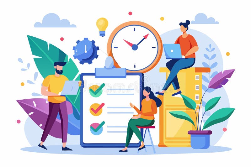 Group of Diverse Workers Standing Around a Clipboard with a Clock ...