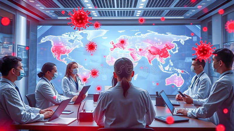 Group of Doctors Working in Modern Office with Red Coronavirus Icons ...