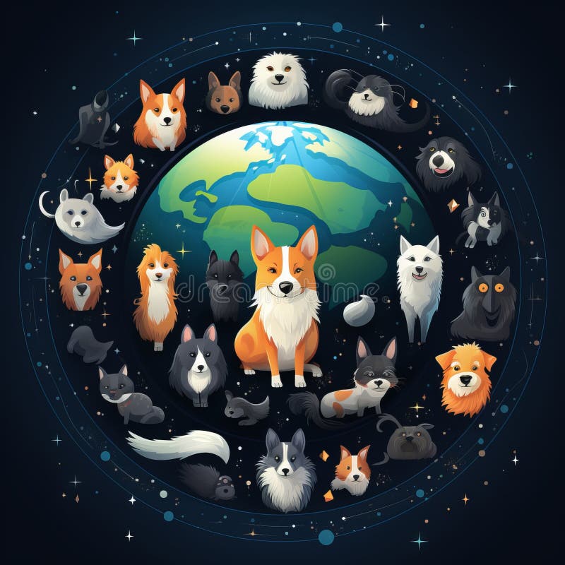 A Group of Dogs Around the Earth with the Earth in the Background Stock ...