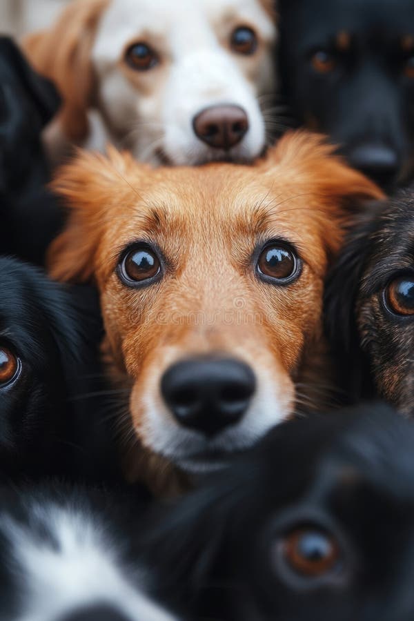 Group of Dogs Crowding Together and Staring Intensely Stock Image ...