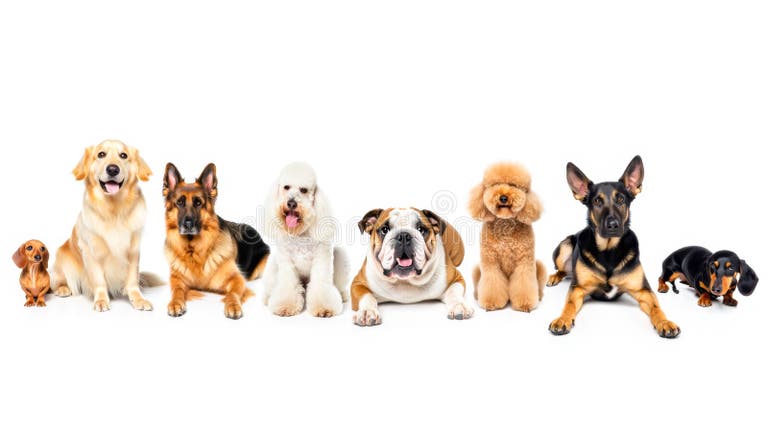 Group of Dogs are Laying Down in a Row Stock Photo - Image of studio ...