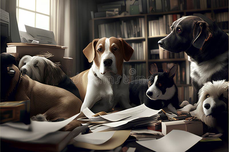 Group of Dogs in a Library. Shot in a Room with Books Stock ...