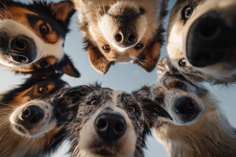 Group of Dogs Looking Down at Camera in Low Angle Shot Stock ...