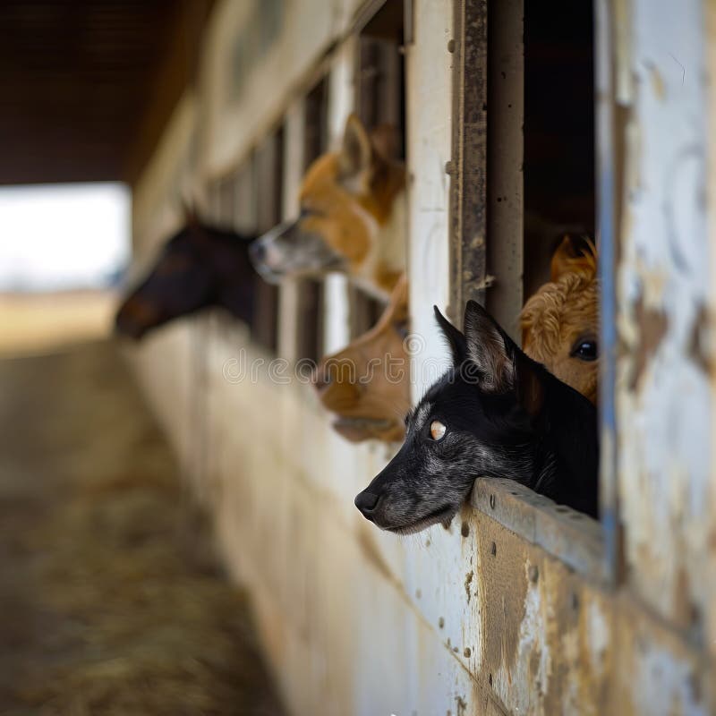 A Group of Dogs Looking Out of a Barn Window Stock Image - Image of ...