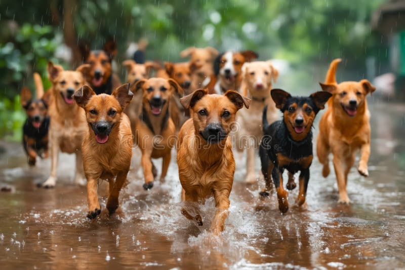 A Group of Dogs Running through a Puddle of Water. Generative AI Stock ...