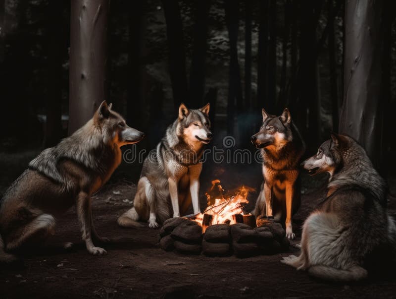 A Group of Dogs Sitting Around a Campfire. Generative AI Image. Stock ...