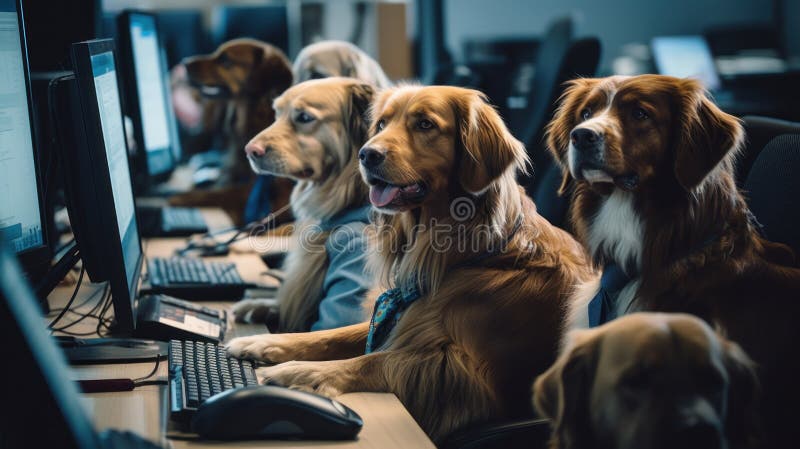 A Group of Dogs Sitting at a Desk with Computers and Keyboards, AI ...