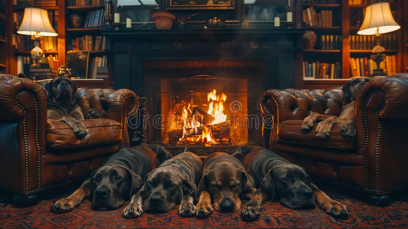 A Group of Dogs are Sleeping in Front of a Fireplace Stock Photo ...