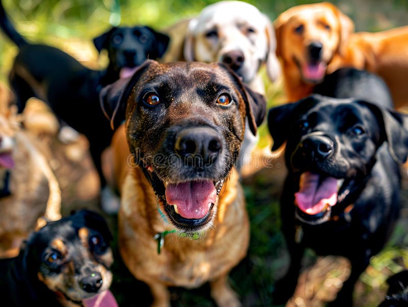 A Group of Dogs Standing in the Grass Stock Photo - Image of group ...