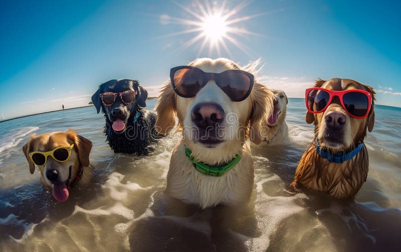 A Group of Dogs on a Sunny Beach Stock Illustration - Illustration of ...