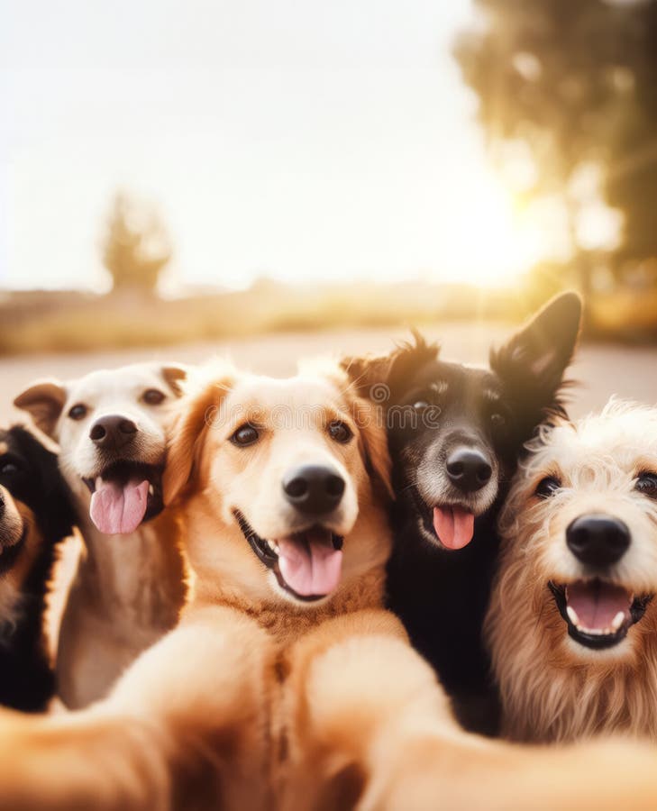 Group of Dogs Taking a Selfie in the Park at Sunset, Friendship Stock ...