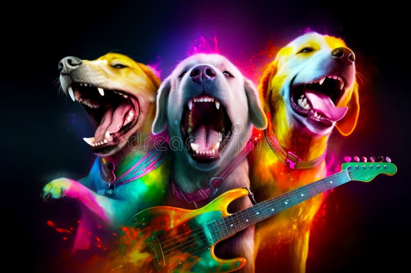 Group of Dogs with Their Mouths Open with Guitar in Front of Them ...
