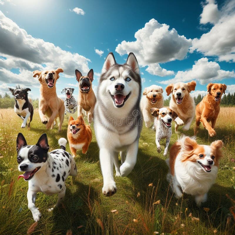 Group of 11 Dogs of Various Breeds Running in an Open Field. they are ...