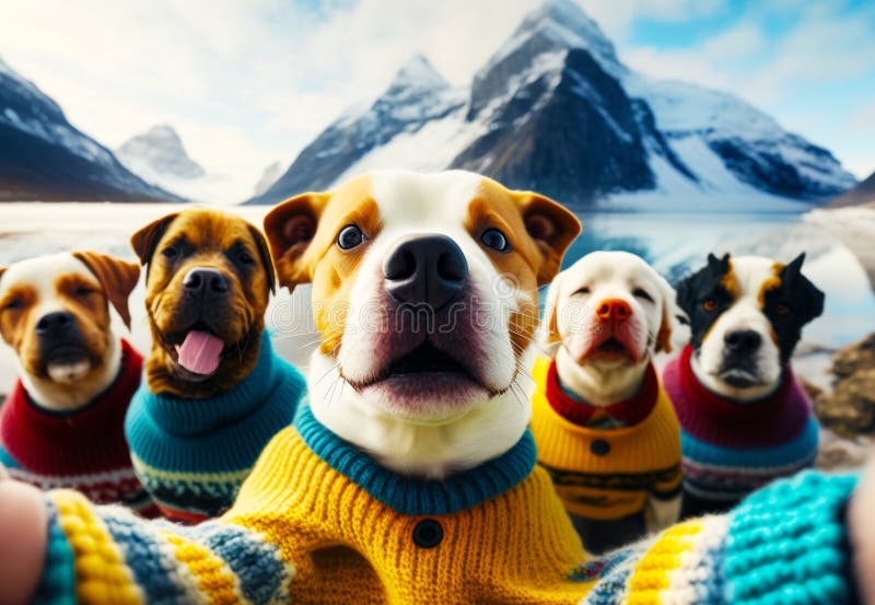 Group of Dogs Wearing Sweaters Standing in Front of Snow Covered ...
