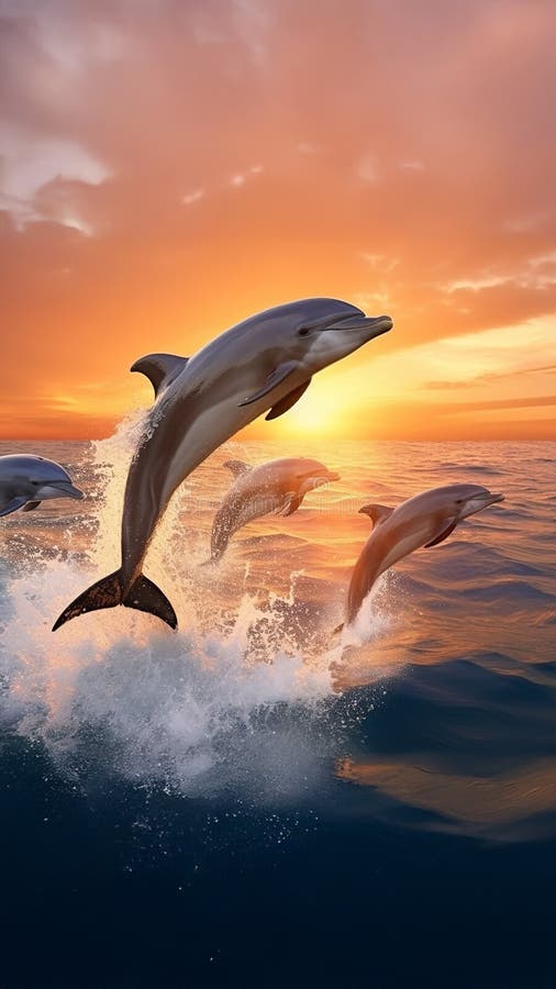 Group of Dolphins Jumping Over Ocean Waves at Epic Sunset View Stock Illustration - Illustration ...