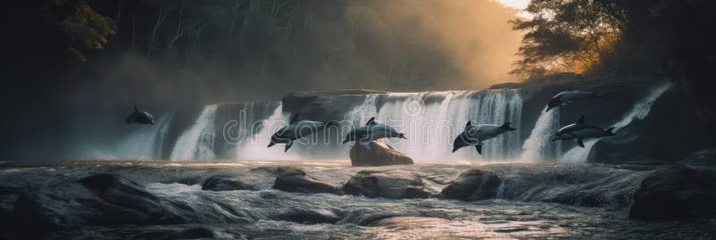 A Group of Dolphins Jumping Over a Waterfall. Generative AI Image ...