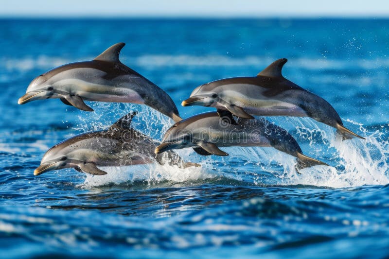 Group Dolphins Leaping Out of the Ocean Water in Synchronized Motion ...
