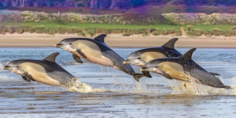 A Group of Dolphins Leaping Out of the Ocean Waves Stock Illustration ...