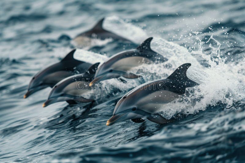 A Group of Dolphins Surf through Ocean Waves, Showcasing Their Speed ...