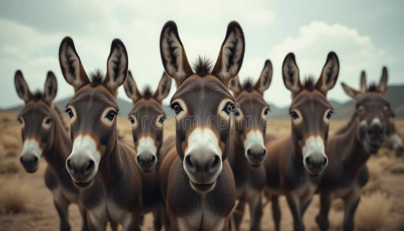 Group of Donkeys Staring in Field with Cloudy Sky Background Stock ...