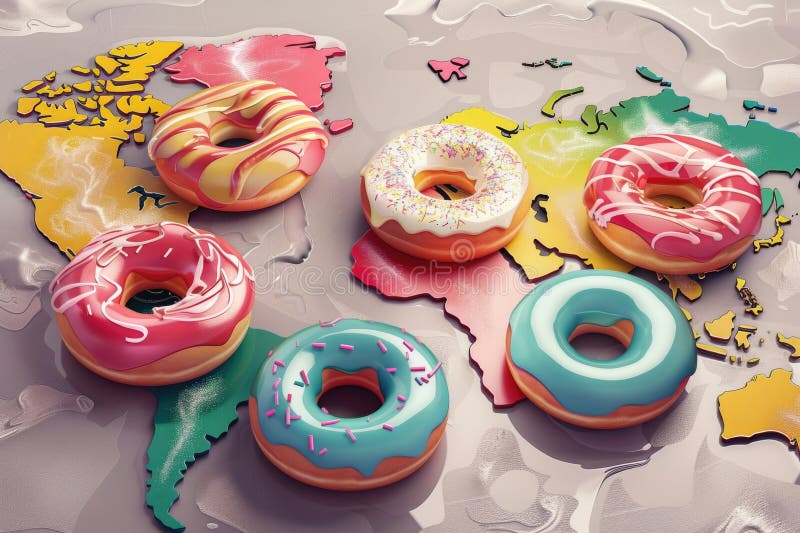 A Group of Donuts are Arranged on a Map of the World. the Donuts are of ...