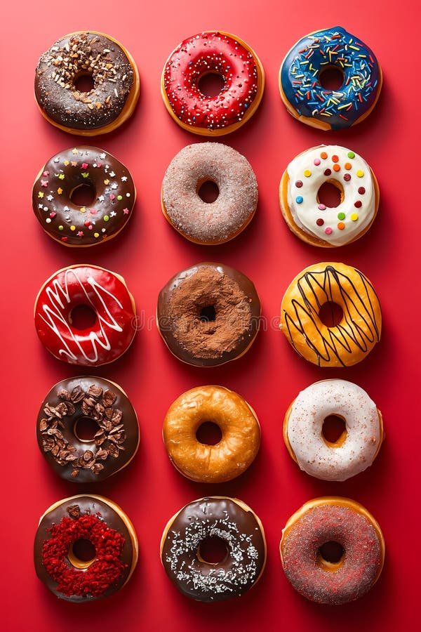A Group of Donuts with Different Toppings on a Red Background ...