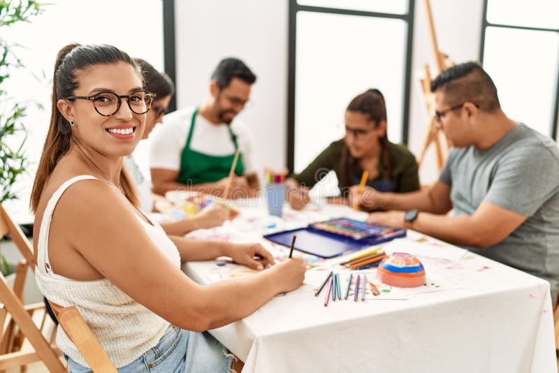Group of Draw Students Sitting on the Table Drawing at Art Studio Stock ...