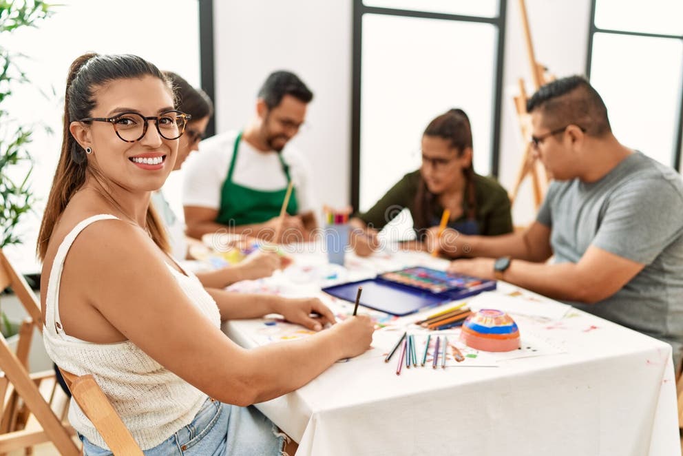 Group of Draw Students Sitting on the Table Drawing at Art Studio Stock ...